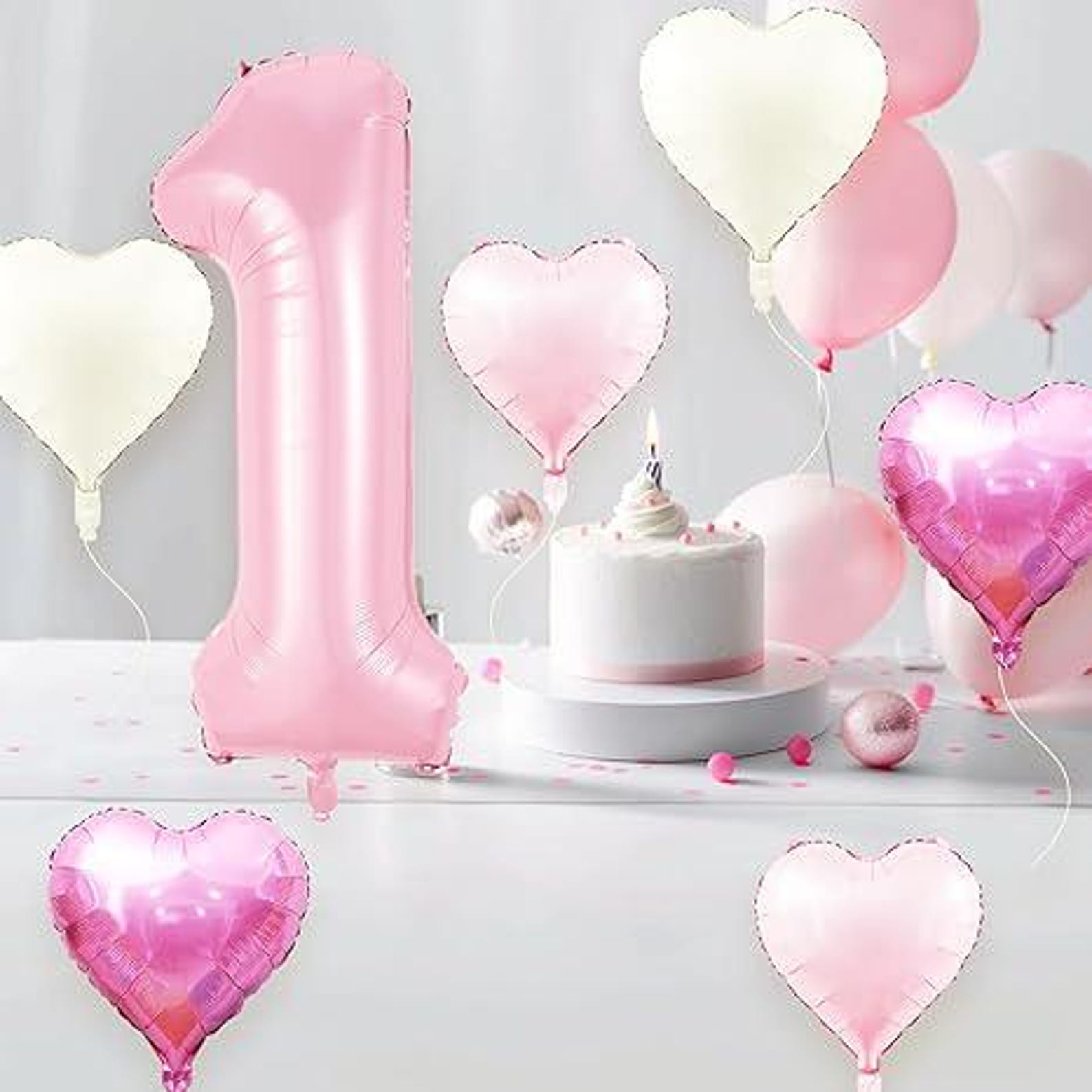 40" Pink Number One Balloon: Pastel Heart Foil Balloons, 1st Birthday ...