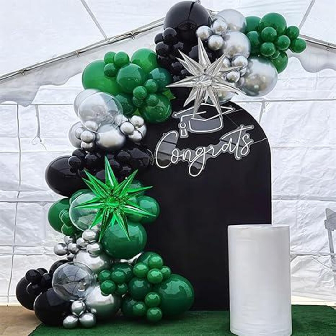 Emerald Green Balloon Arch Kit, Black Chrome Silver Starburst Balloons ...