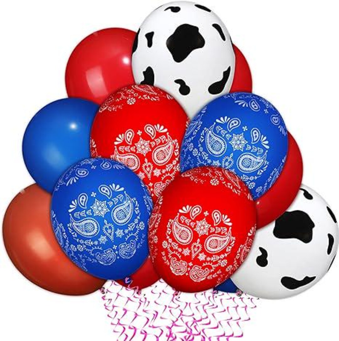 60 Pcs Cowboy Balloons: Red, Blue, Cow Print, 12" Western Party Decor ...