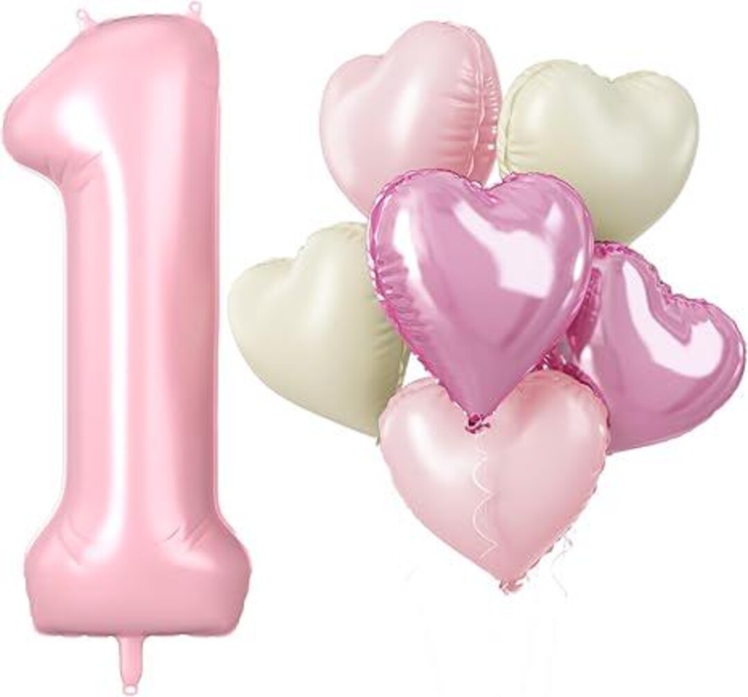40" Pink Number One Balloon: Pastel Heart Foil Balloons, 1st Birthday ...