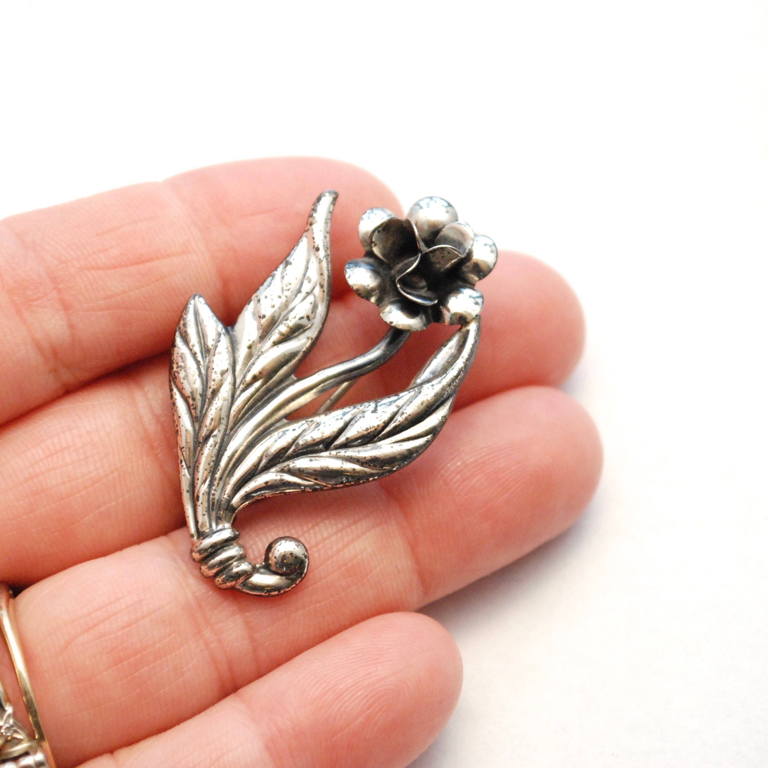Vintage Sterling Flower Brooch Feminine Floral Long Leaf - Etsy