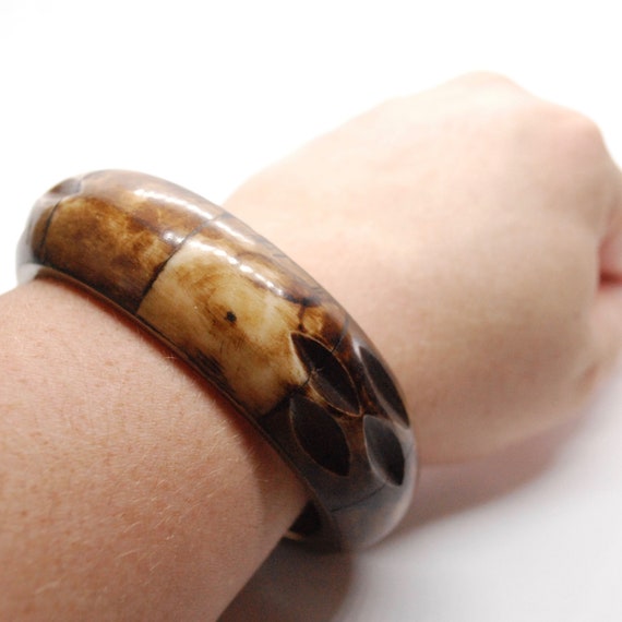 Vintage Carved Bone Bracelet with Brass Liner - Boho … - Gem
