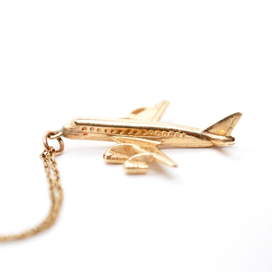 Vintage 14K Gold Airplane Pendant on Chain - Necklace - Pilot Charm ...