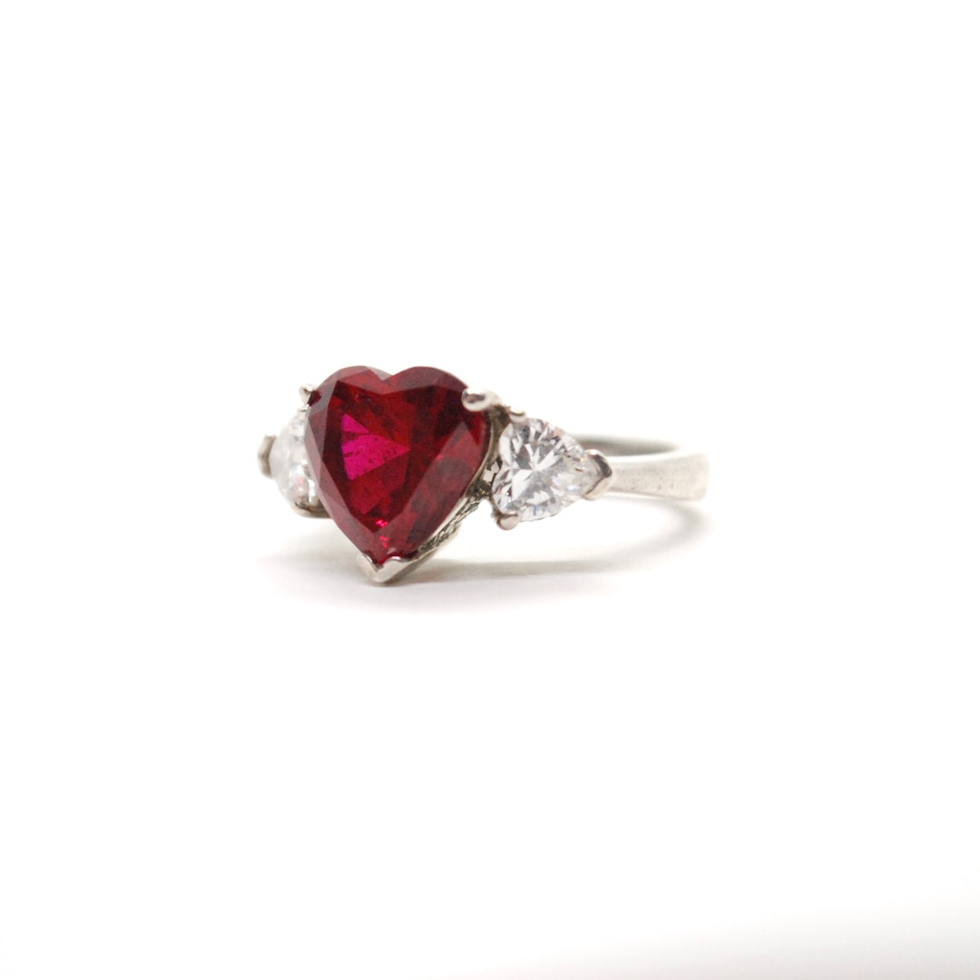 Big Red Heart Stone Ring Sterling Silver Gem Encrusted - Etsy Canada
