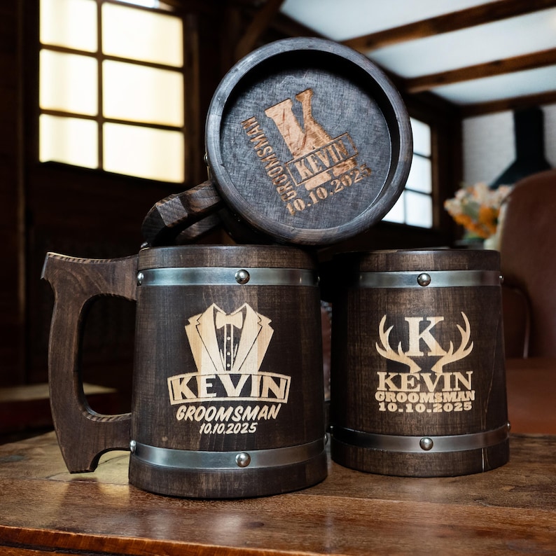 Unique Groomsmen Gifts, Personalized Wooden Beer Mugs for the Best Man ...