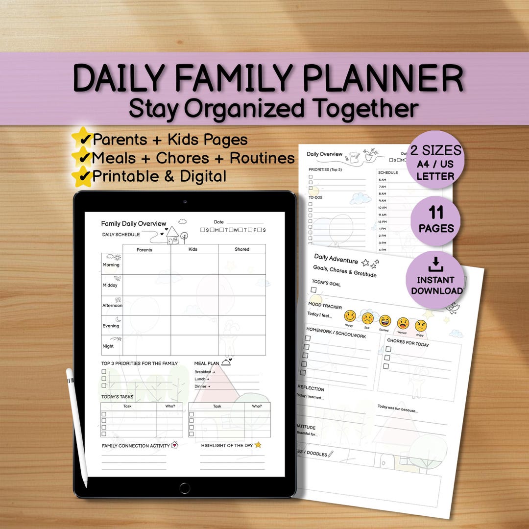 Family Daily Planner | Printable + Digital | Parent Kid Organizer ...