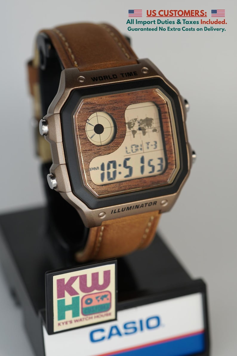 Wood Bronze Casio AE1200 Royale Custom Watch, Walnut Faceplate, Leather ...