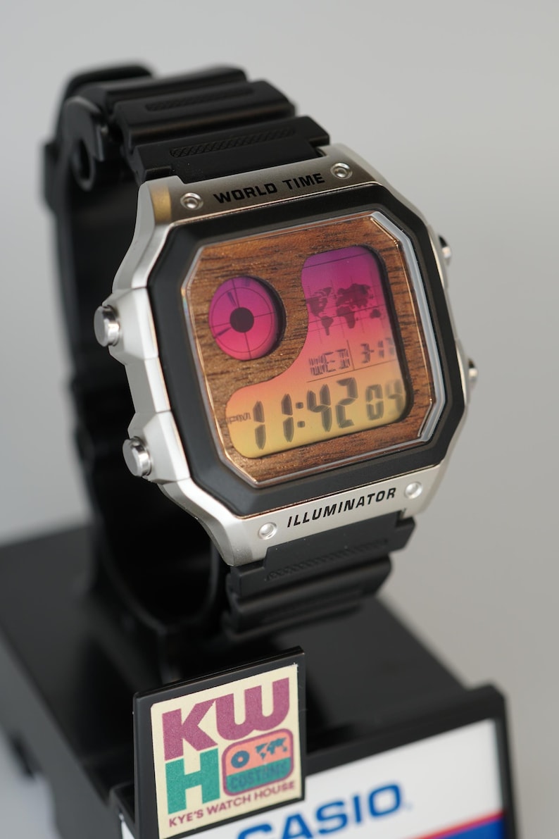 Custom Walnut Wood Casio AE1200 Royale: Sunset Gradient Filter, Leather ...