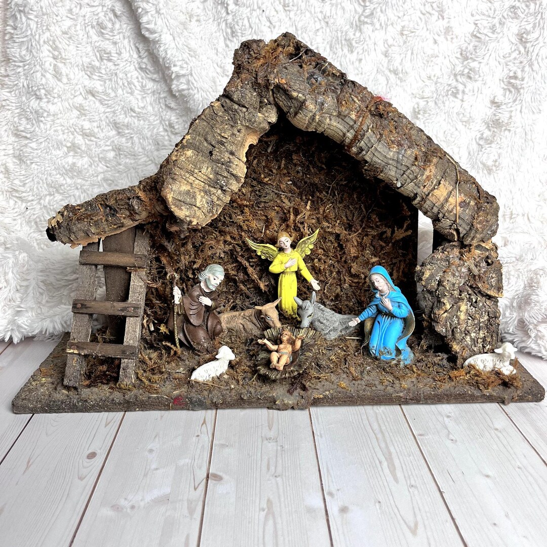VTG Italian Nativity Set Rustic Live Edge Wooden Manger Scene 8 ...