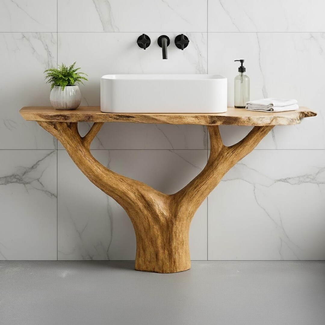 Handcrafted Natural Tree-trunk Bathroom Vanity With Live-edge ...