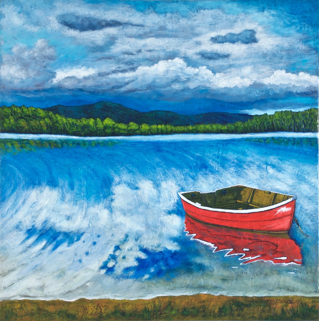 Red Rowboat Acrylic Painting on Canvas Original Artwork - Etsy