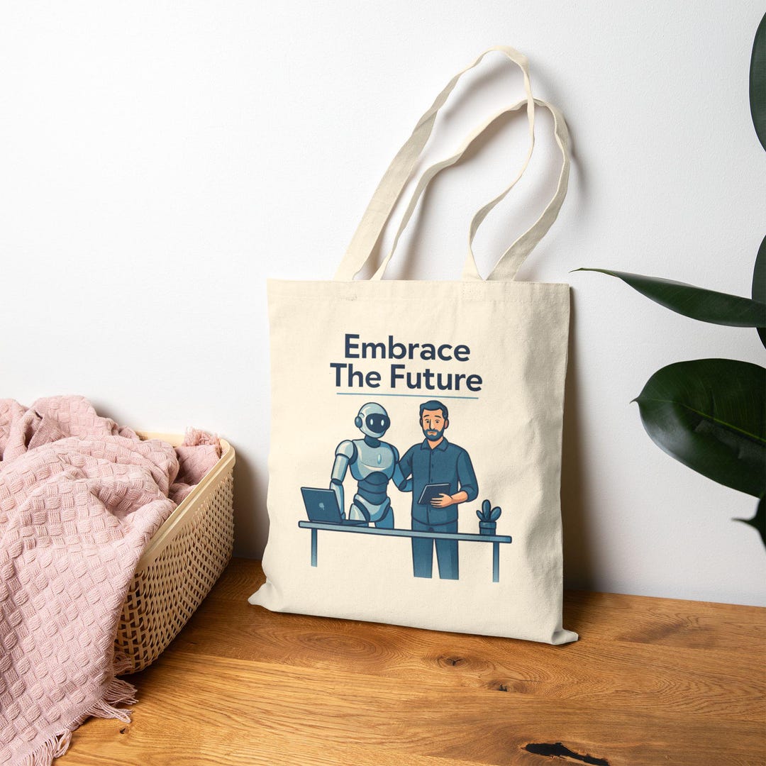 Embrace the Future Robot and Human Illustration Tote Bag | Tech Desk ...