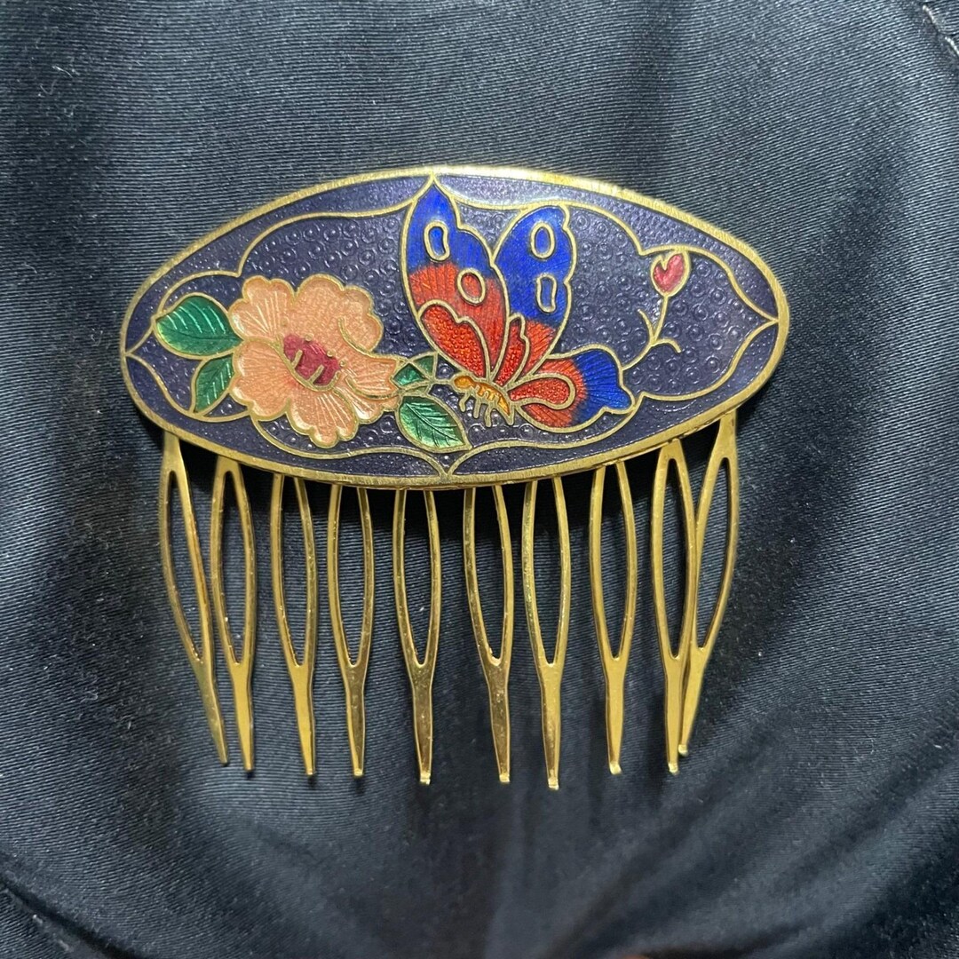 Vintage Enamel Butterfly Flower Hair Comb Gold Tone Decorative Hair ...