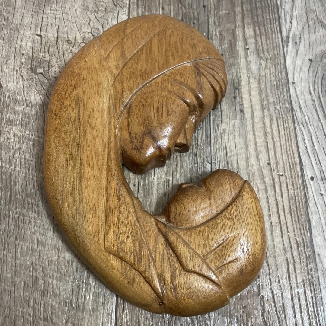 VTG Handcrafted Wooden Mother and Child Sculpture Decor Signed by ...