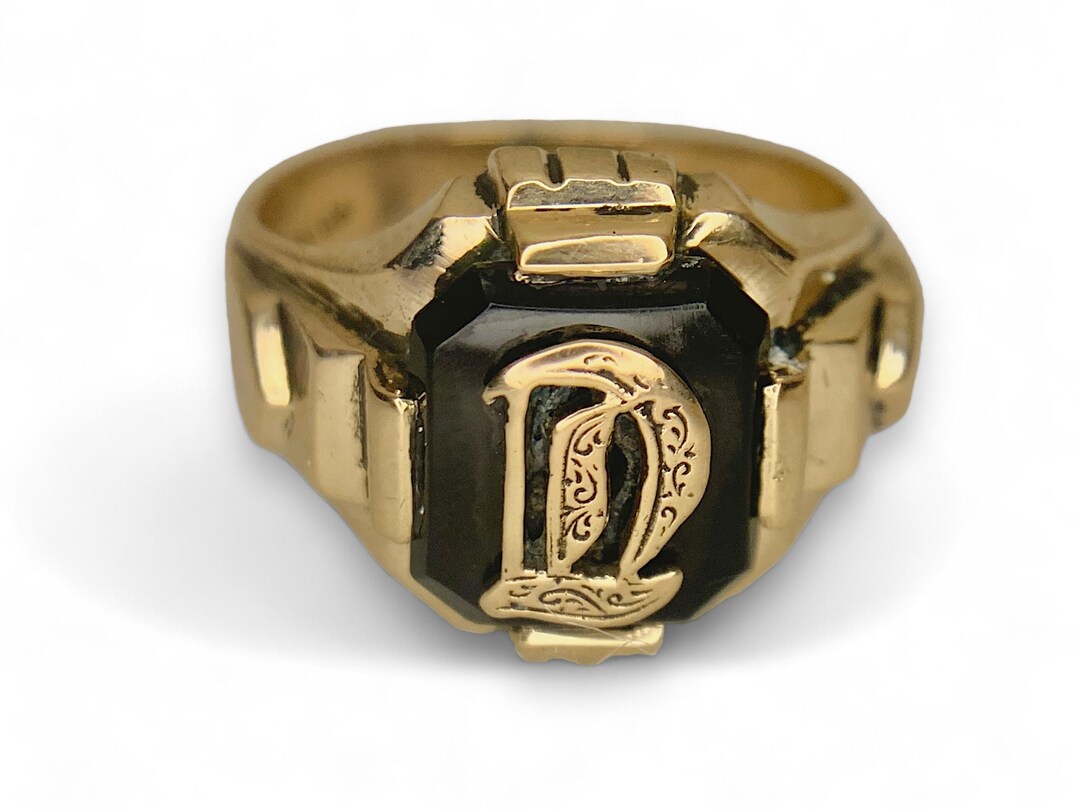 Antique Vintage 10k Yellow Gold & Black Onyx Mens Signet Letter D Ring ...