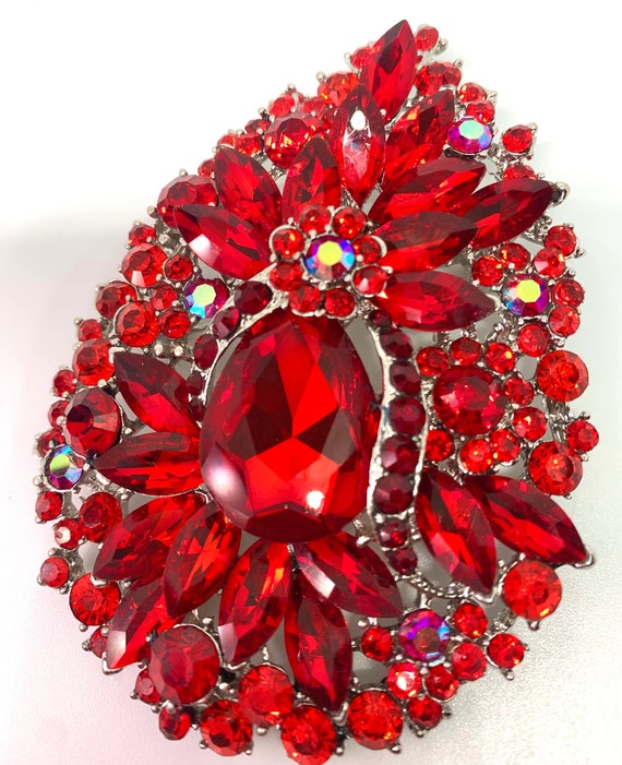 Vintage Large Ruby Red Crystal Glass Rhinestone Flora… - Gem