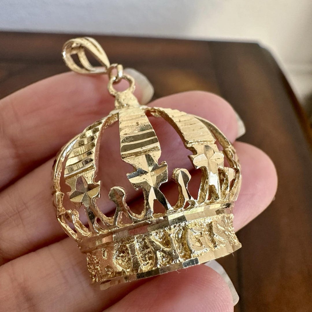 Vintage King Crown Pendant 1.75" Diamond Cut 417 10K Solid Yellow Gold ...