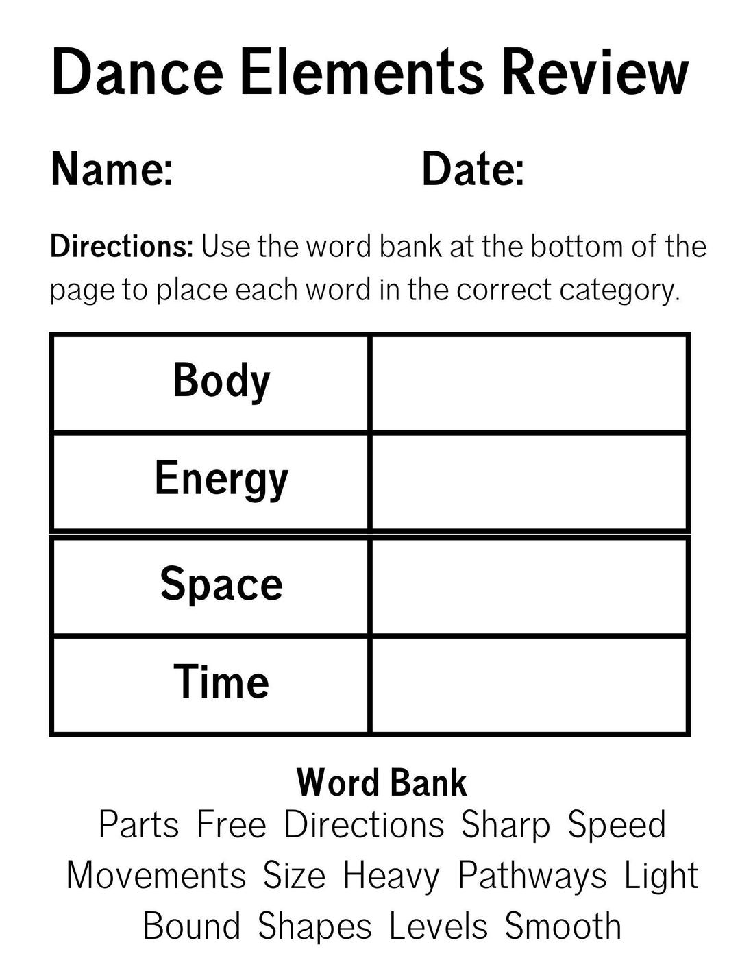 Dance Elements Review Worksheet Quiz Test Body Energy Space Time - Etsy UK