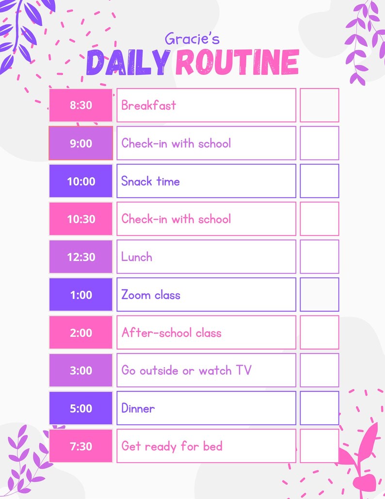 Editable Kids Daily Routine Chart: Visual Schedule, Pink & Purple (PDF ...