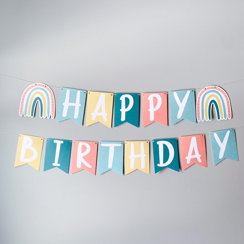 Muted Rainbow Birthday Banner: Printable Party Garland (digital ...