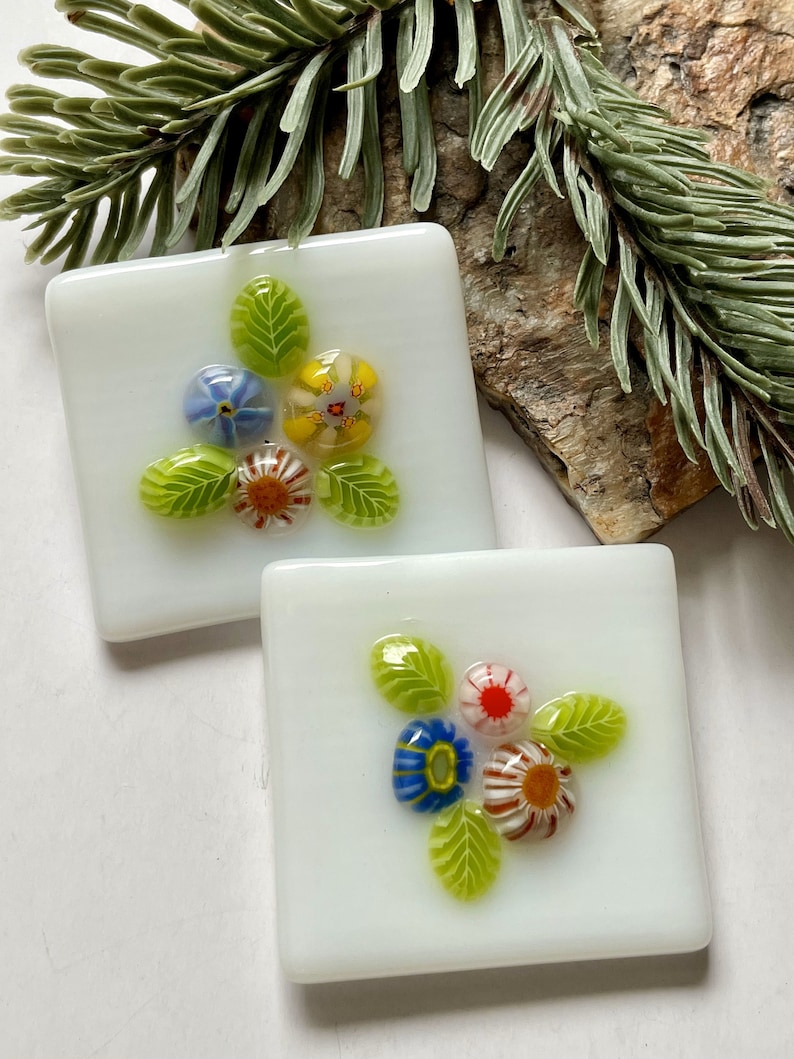 Fused Glass Magnets With Beautiful Flower and Leaf Murrini in a Variety ...