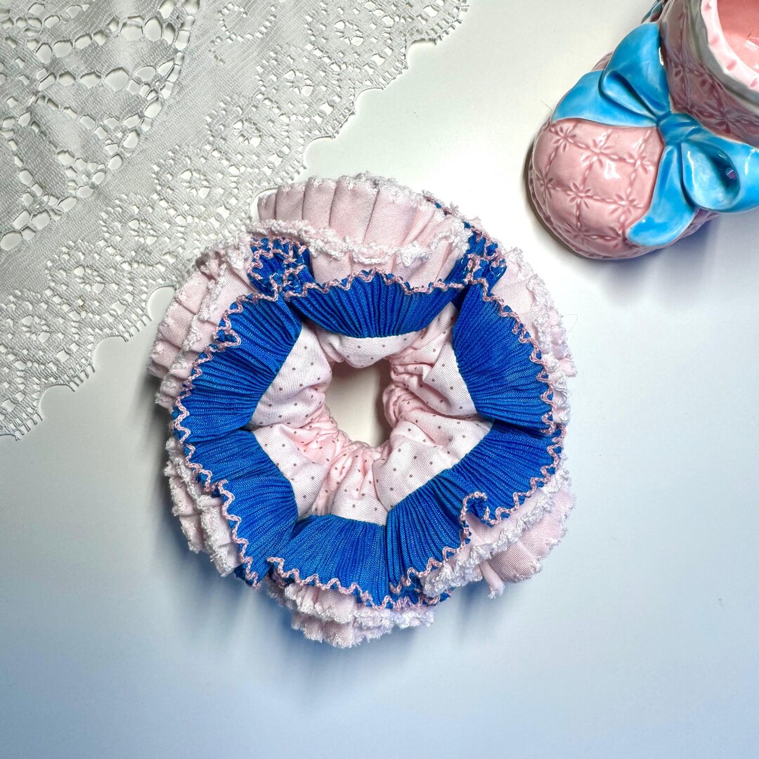 Pink & Royal Blue Oversized Ruffle Scrunchie – Handmade Hair Accessory ...