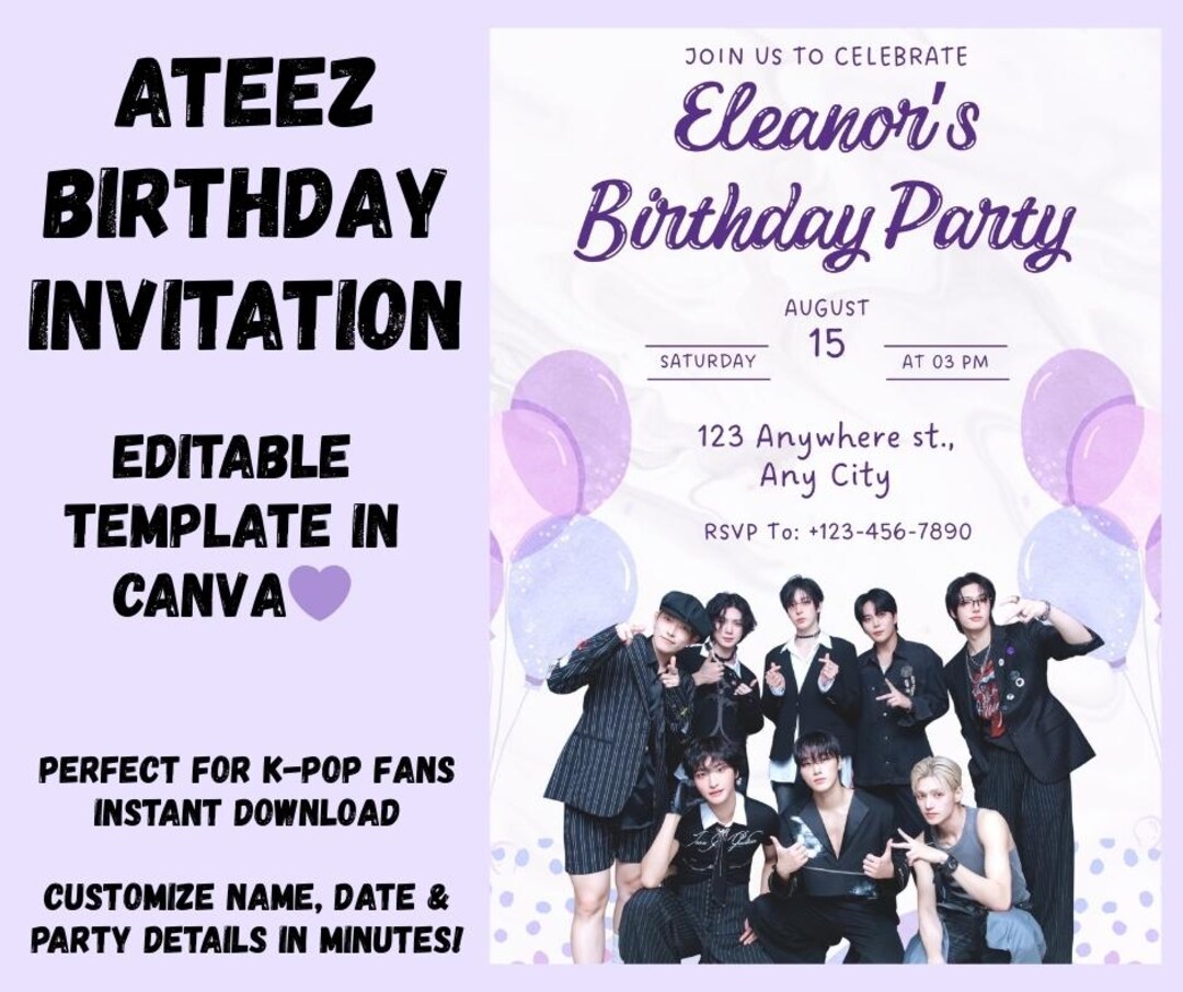 ATEEZ Birthday Invitation Template K-pop Party Invitation Canva - Etsy