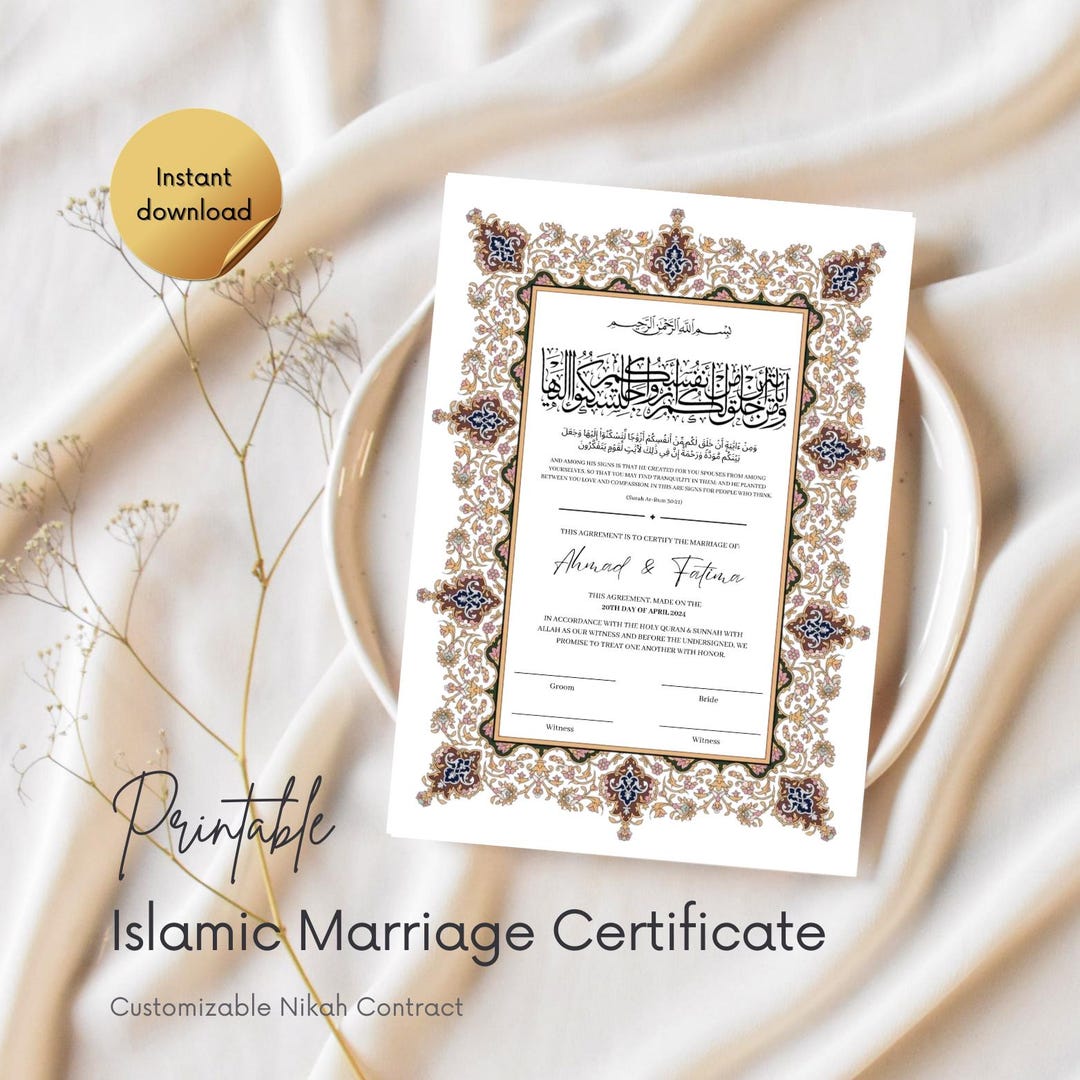 Islamic Nikah Marriage Certificate – the Palace Print Wedding Contract ...