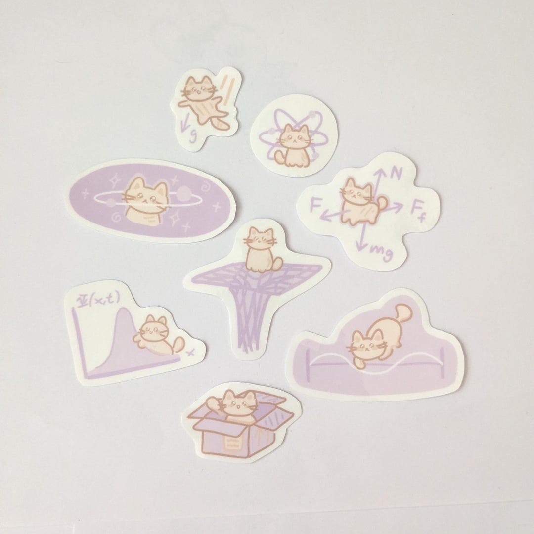 Set of 8 Physics Cat Stickers: Cute Purple Science Themed Animal ...