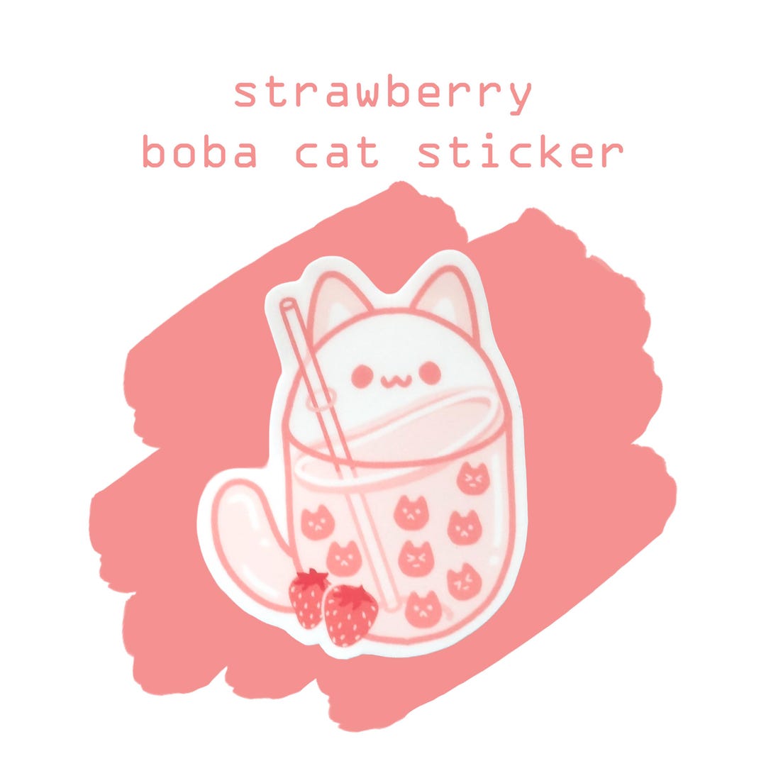 Strawberry Boba Cat Sticker • Cute Food Beverage Drink • Hand Drawn ...