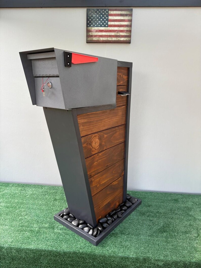 Modern Mailbox, Cedar Paneled Body, Thick Angular Frame Design, Solar ...