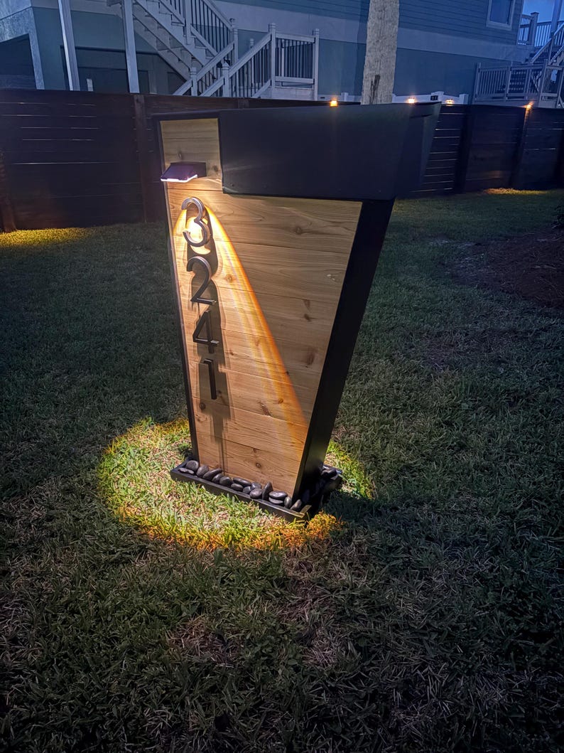 Modern Mailbox, Cedar Paneled Body, Sleek Angular Frame Design, Solar ...