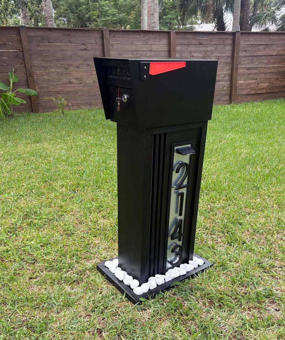 Modern Mailbox, Slat & Steel Paneled Body, Thick Frame Design, Solar ...