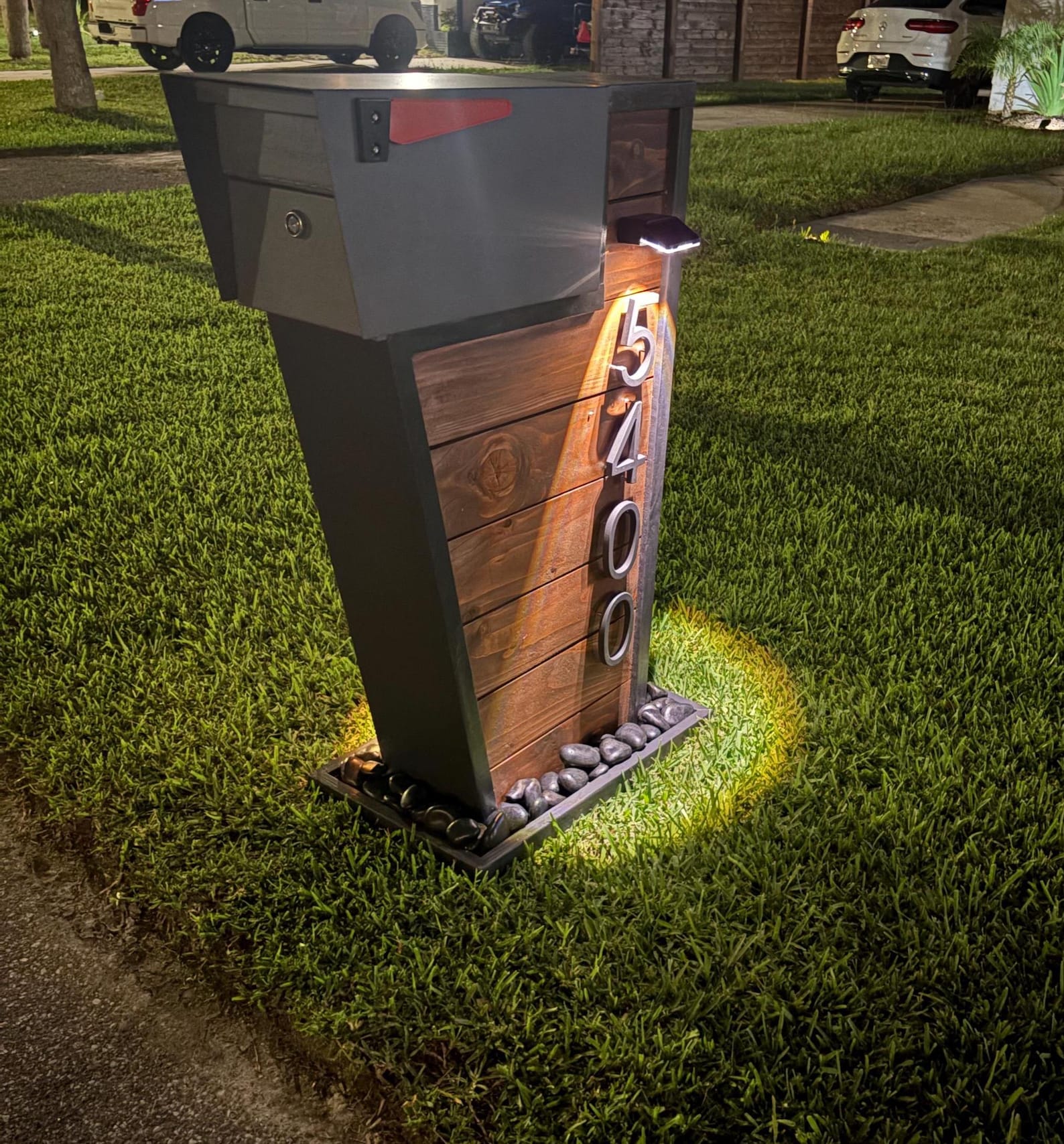 Modern Mailbox, Cedar Paneled Body, Thick Angular Frame Design, Solar ...