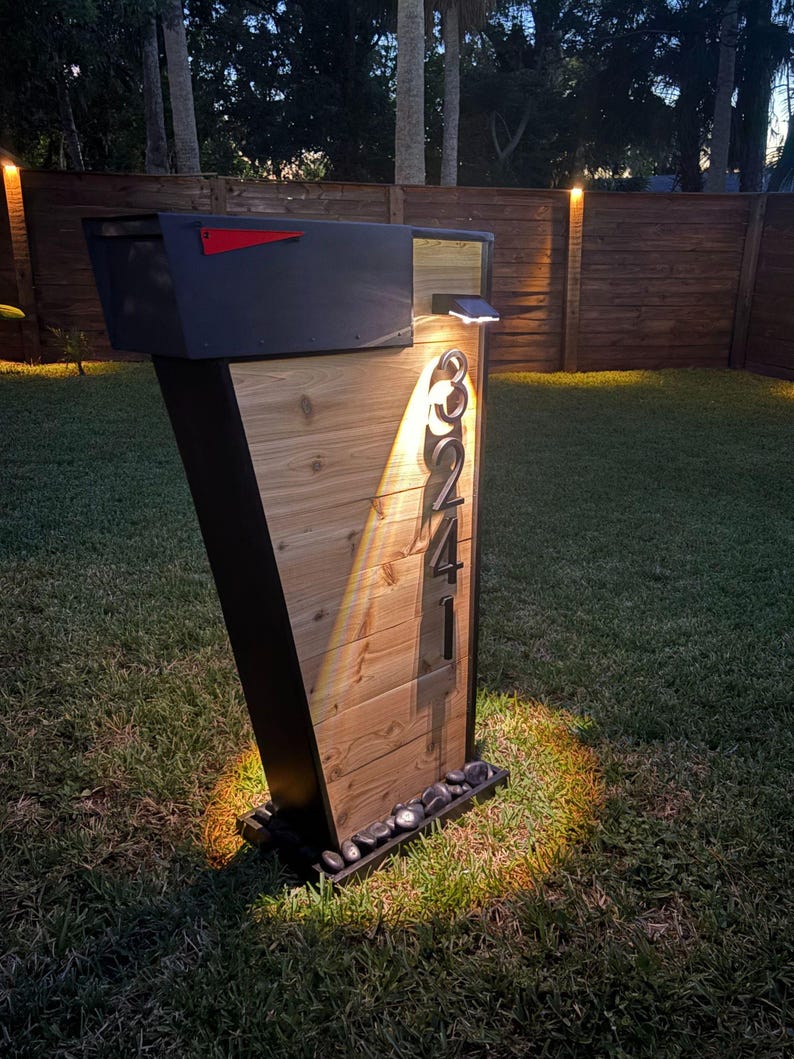 Modern Mailbox, Cedar Paneled Body, Sleek Angular Frame Design, Solar ...
