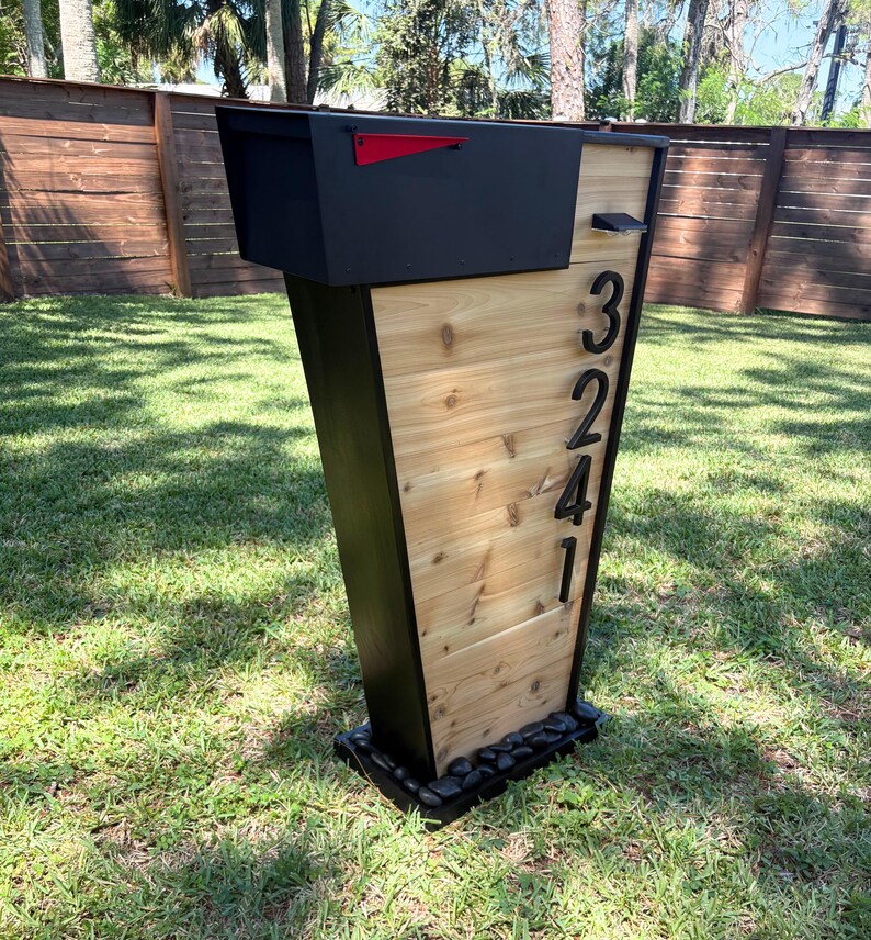 Modern Mailbox, Cedar Paneled Body, Sleek Angular Frame Design, Solar ...