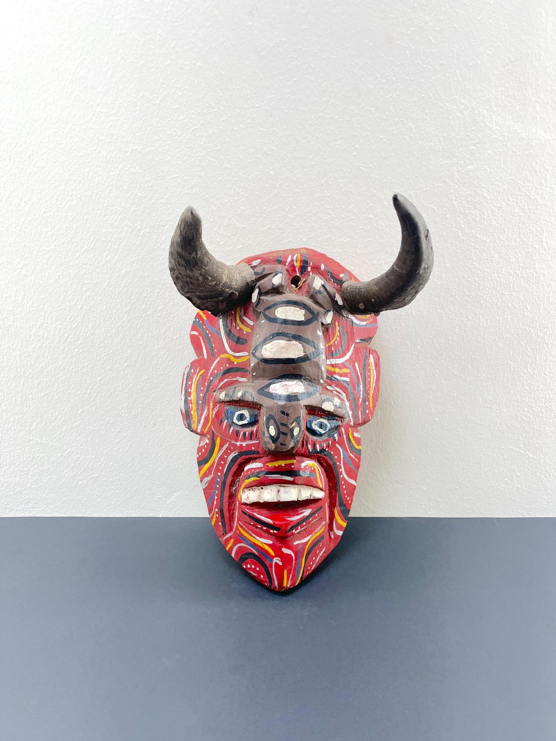 Antique Mexican Devil Horned Mask Painted Carved Wood | Diablo ...