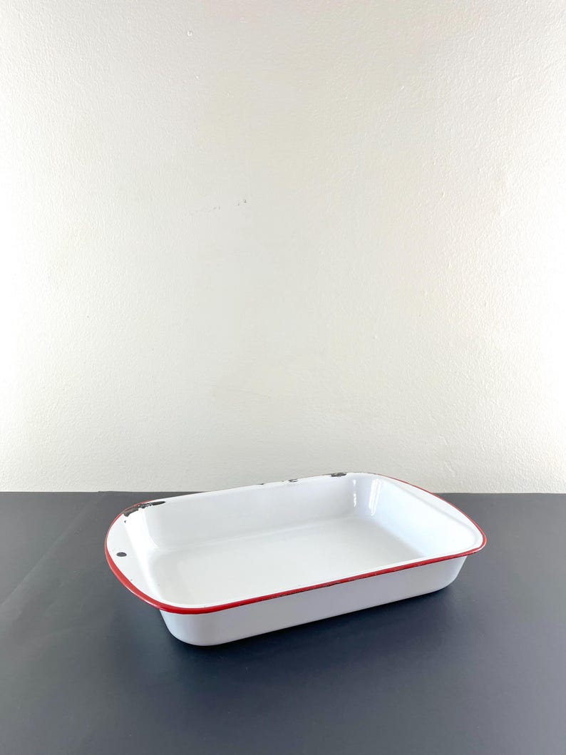 Vintage Enamelware White | Red Rim Tray | Platter | Cake Baking Pan ...