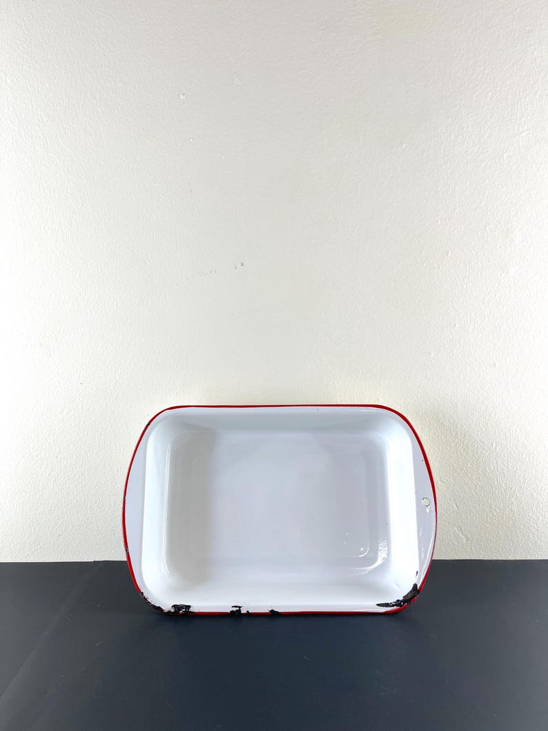 Vintage Enamelware White | Red Rim Tray | Platter | Cake Baking Pan ...