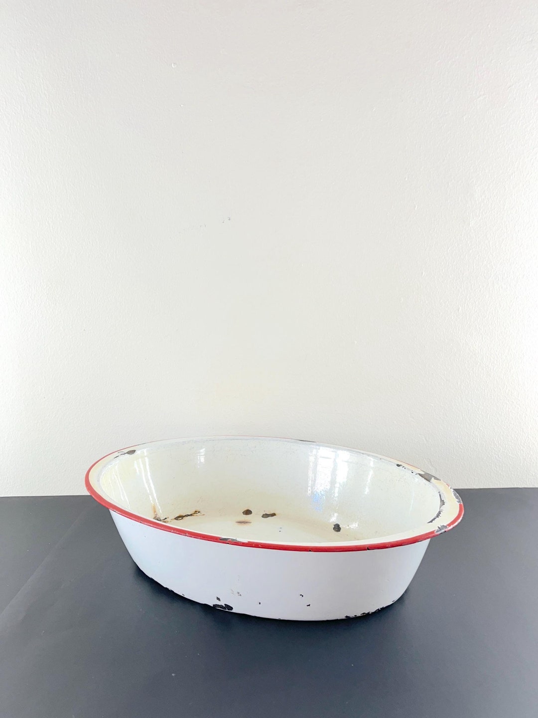 Vintage Large Enamelware Red Trim | Water Wash Basin | Oval Bin | Basin ...