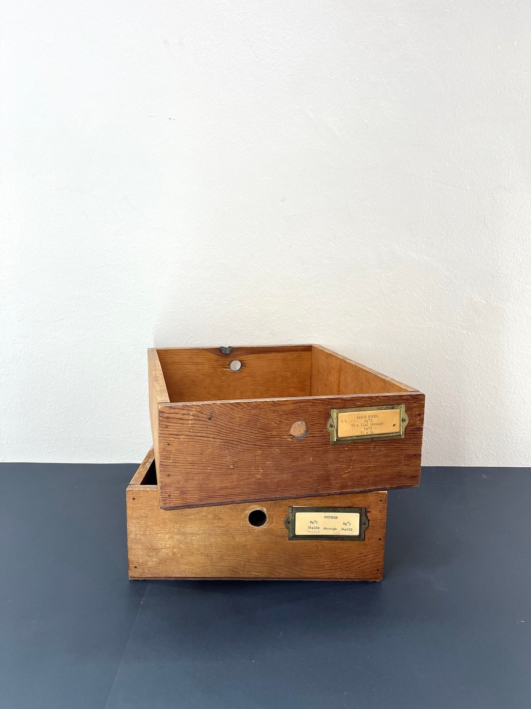 Set of Two 2 Antique Oak Specimen Drawers With Brass Label Holder ...