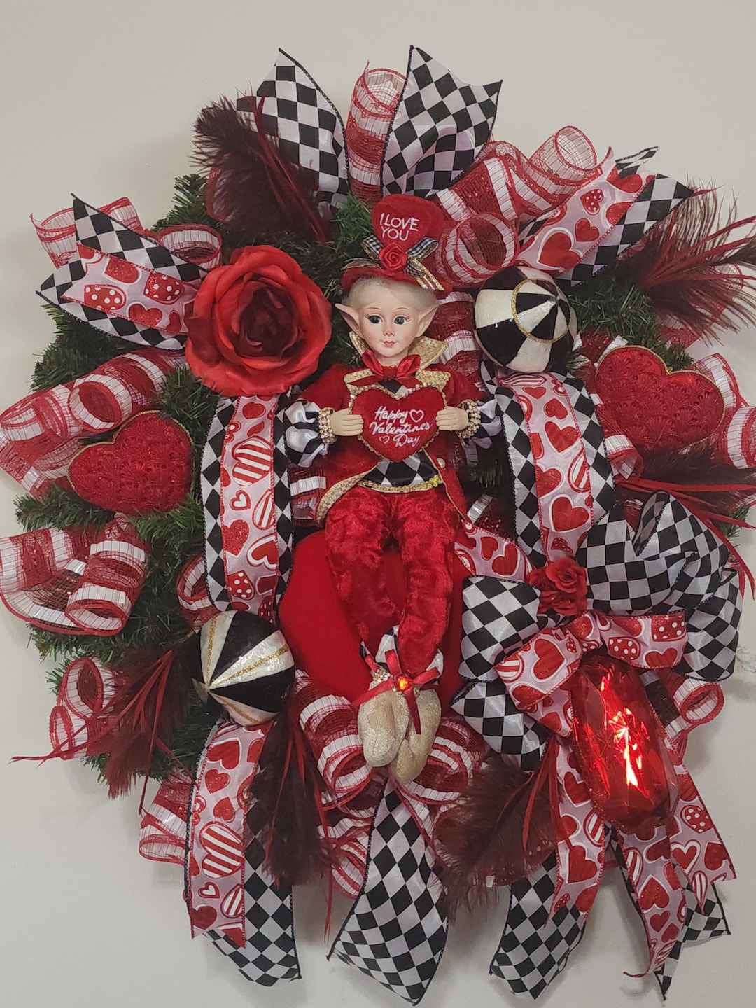 Valentine Elf Heart Wreath, Valentines Day Decor, Door Hanger, Red ...