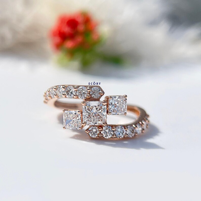 Square Radiant Lab Diamond Bypass Engagement Ring, 14K Rose Gold Bridal ...
