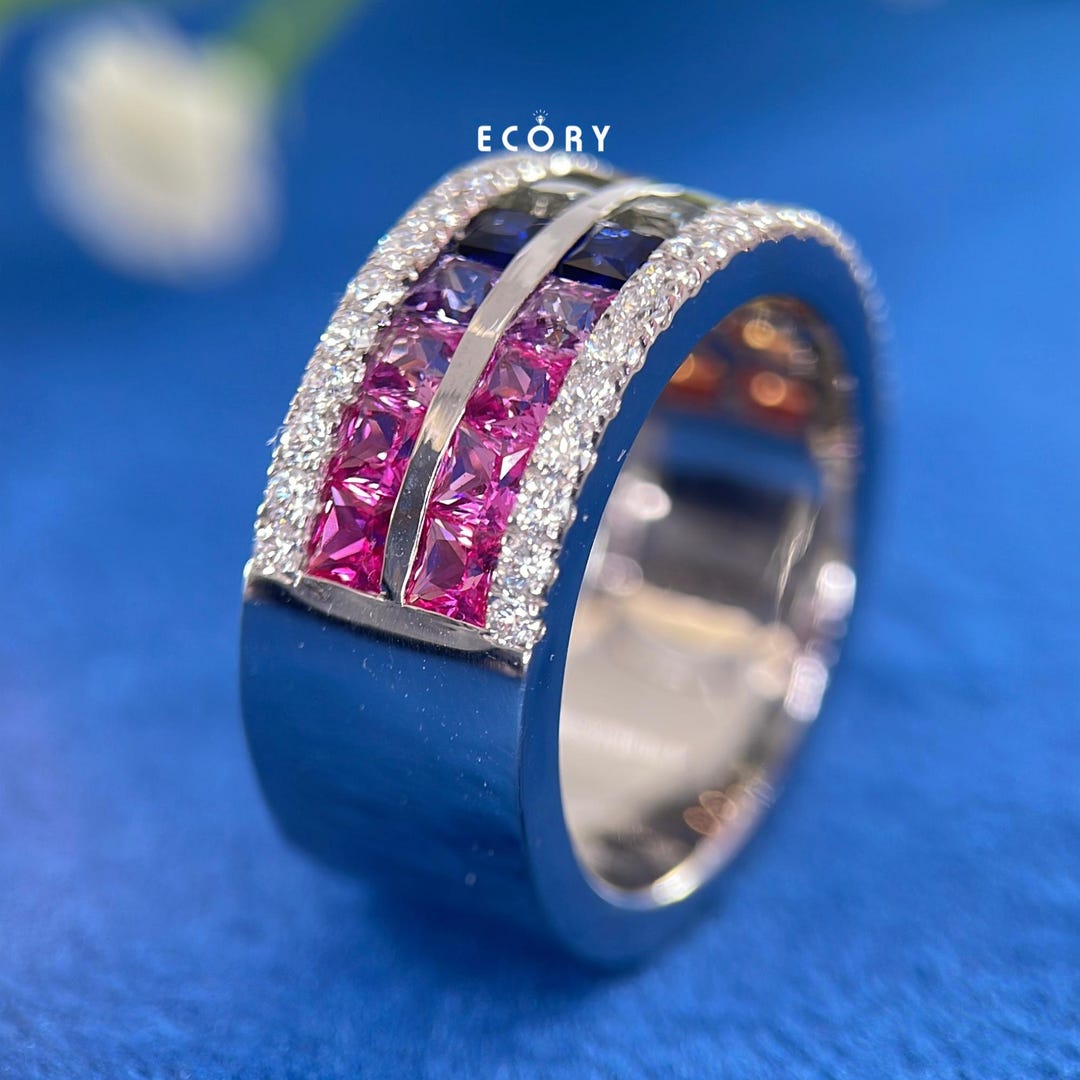 Rainbow Lab Grown Diamond Ring, 14K White Gold Wide Band - Etsy