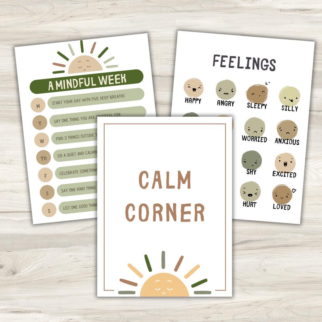 Calm Corner Printable Decor Bundle: Kids Feelings Chart, Mindful ...