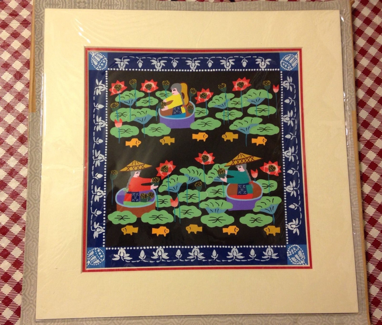 Ruan Hai Jun "picking Lotus" Chinese Asian Matted Painting Symbolizing ...