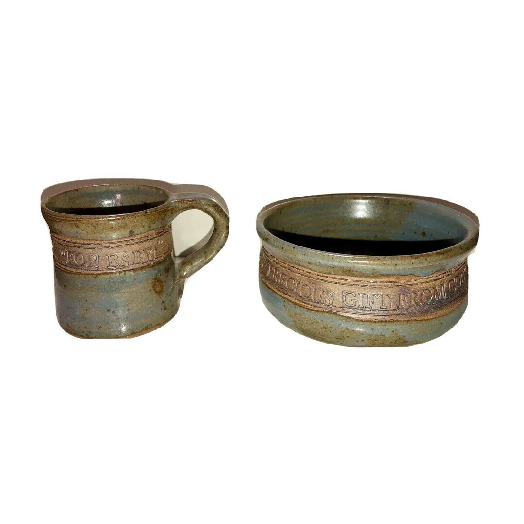 Signed Vega Pottery Baby Shower Gift Cup and Bowl Stoneware Wheat and ...