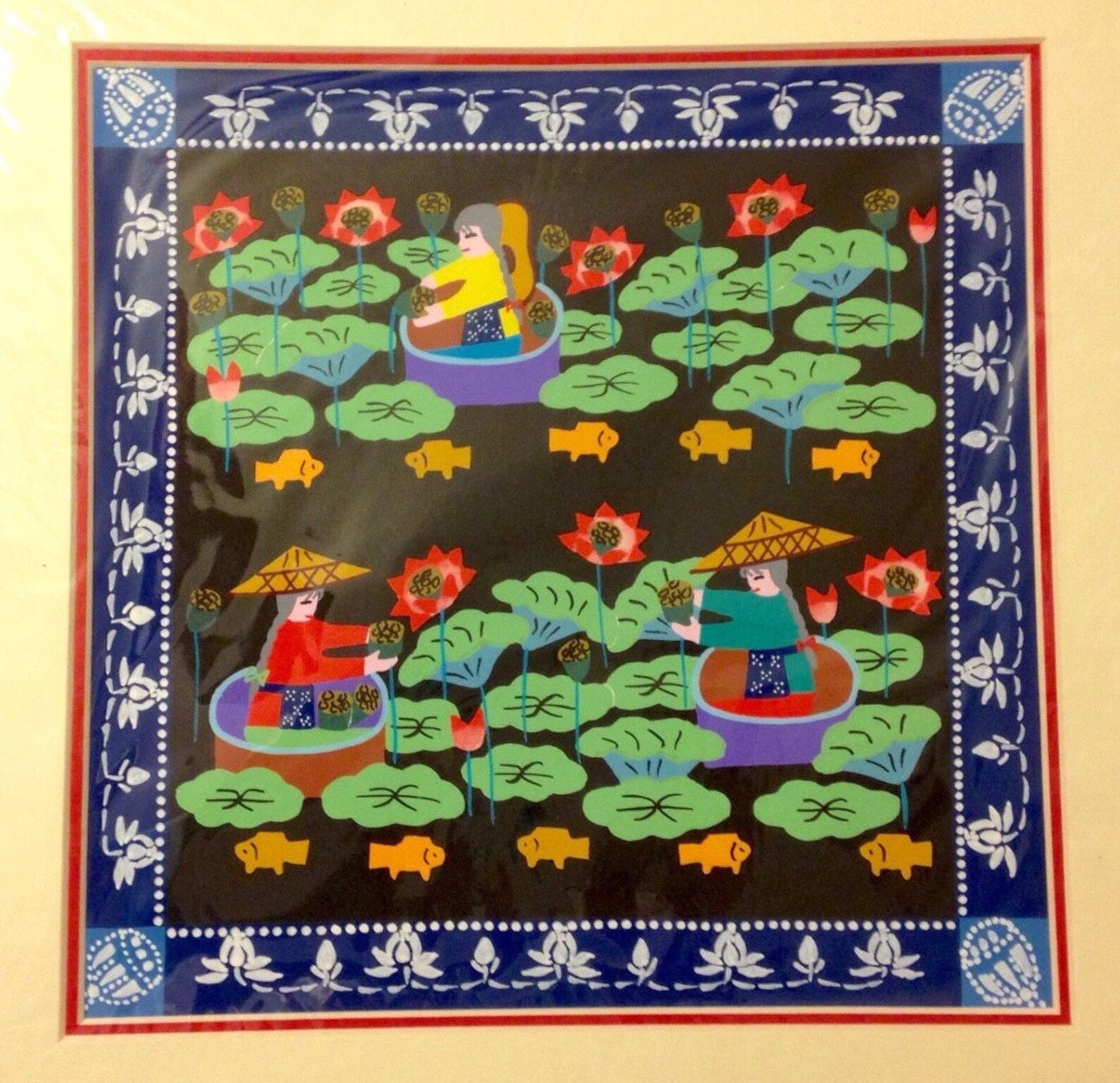 Ruan Hai Jun "picking Lotus" Chinese Asian Matted Painting Symbolizing ...