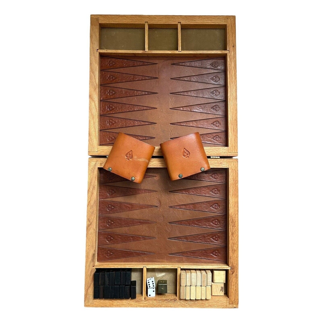 Vintage Backgammon Game Hand Tooled Leather Wood Wooden Brass Piece ...