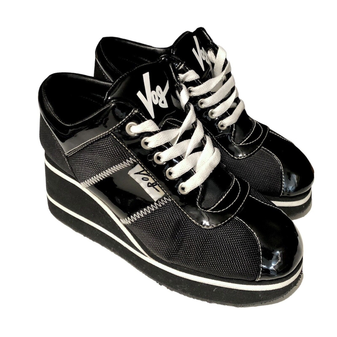 VOG Black Patent Leather Wedge Shoes Size 37 French Made in France Emo ...
